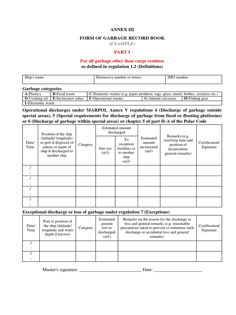For All Garbage Other Than Cargo Residues: (Example) | Download Free ...