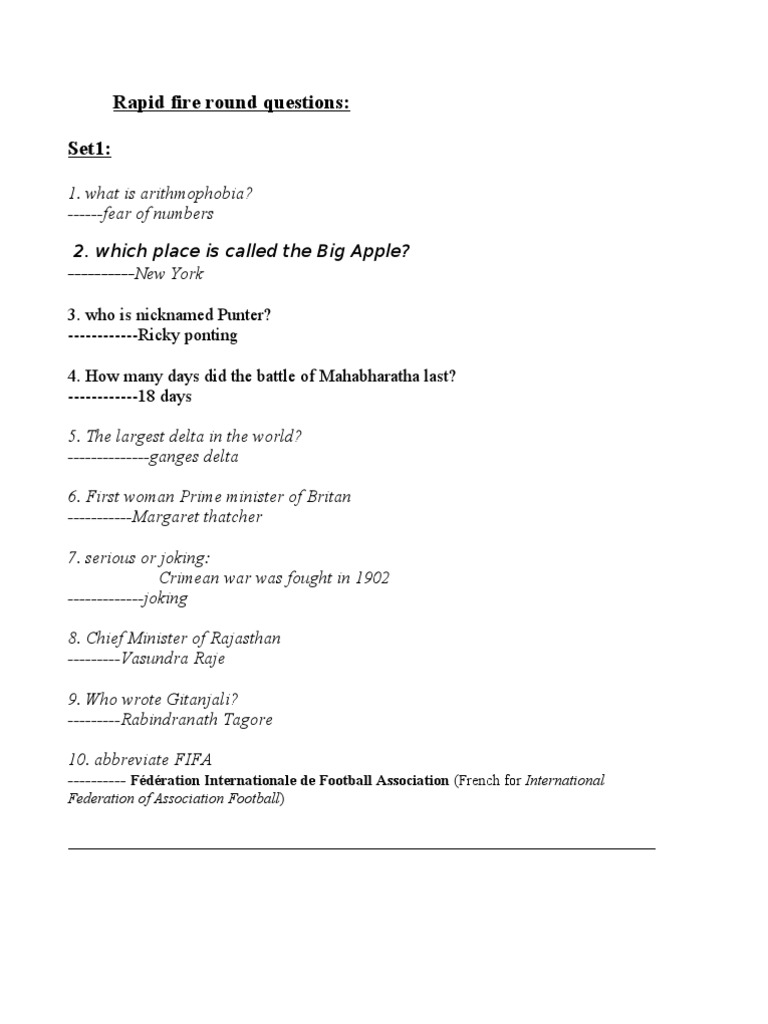 Rapid Fire Round Questions | PDF | Sports & Recreation | Travel