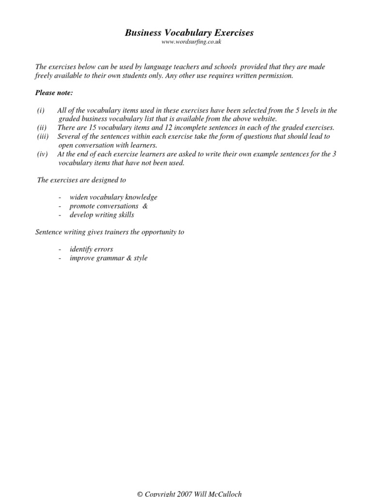 Business Vocabulary Exercises | PDF | Vocabulary | Employment