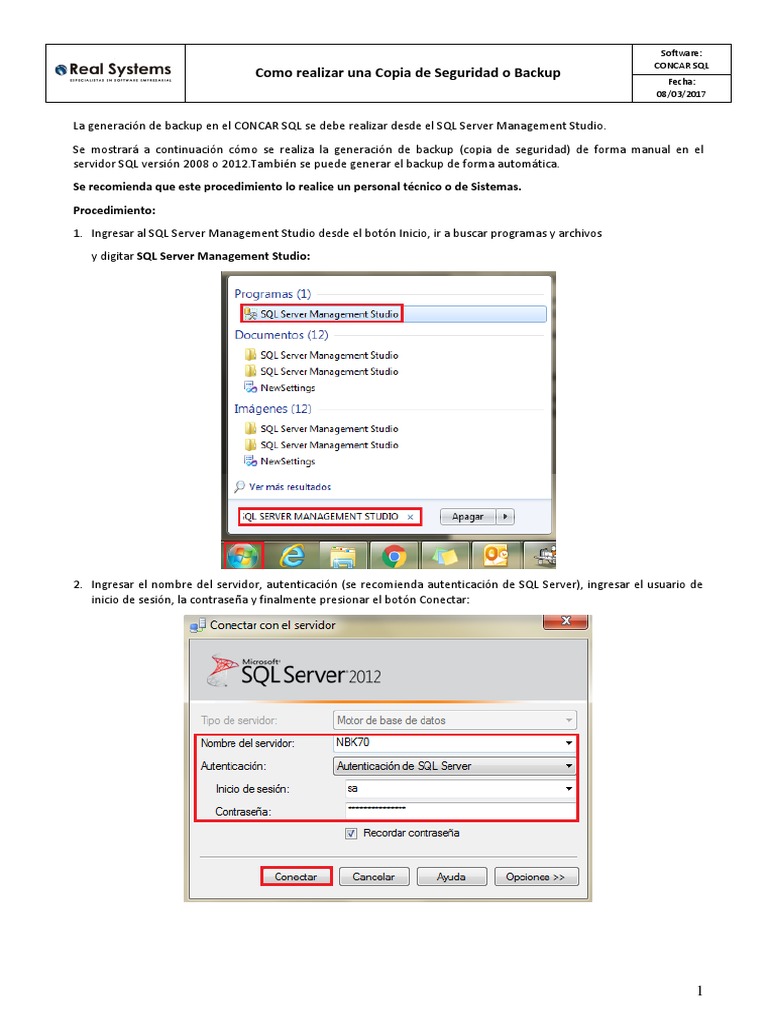 932 CONCAR SQL Como Realizar Una Copia de Seguridad o Backup | PDF ...