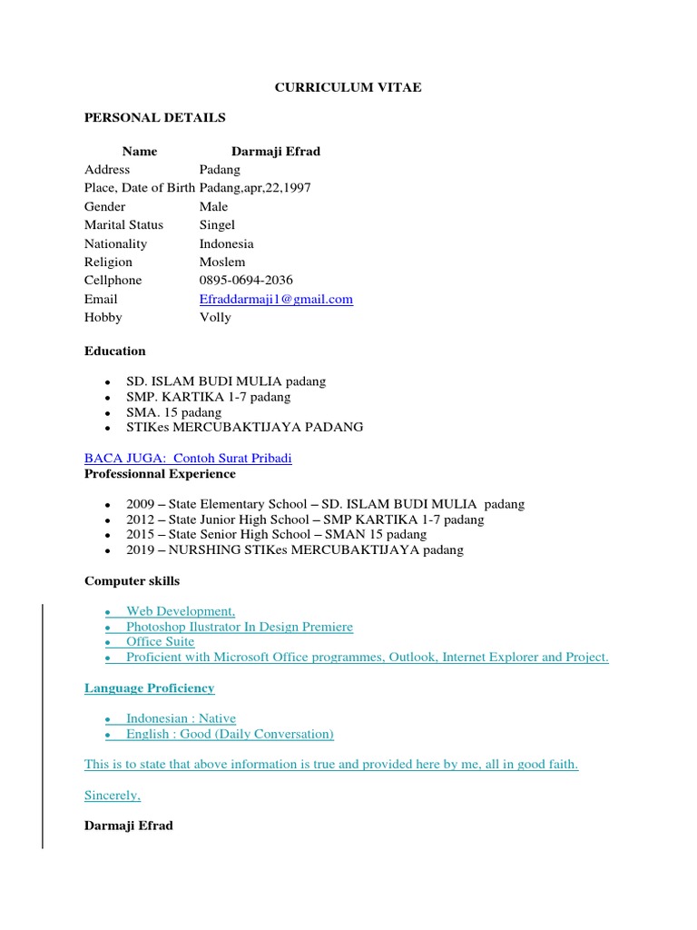 Curriculum Vitae Darmaji Efrad | PDF | Cognition | Behavior Modification
