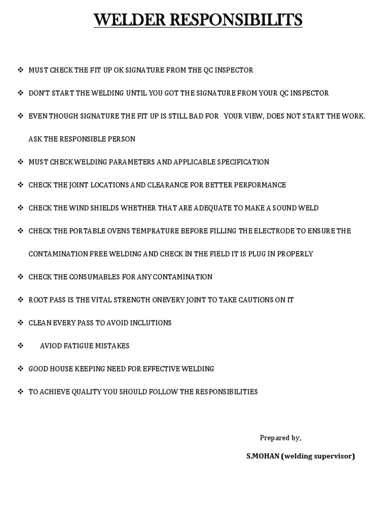 Welder Responsibilits: S.MOHAN (Welding Supervisor) | PDF