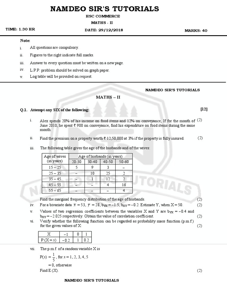 HSC Commerce Maths Ii Answer Sheet PDF | PDF | Correlation And ...