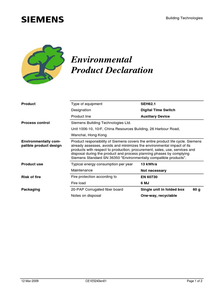 SEH62.1 Environmental Declaration en PDF | PDF | Materials | Nature