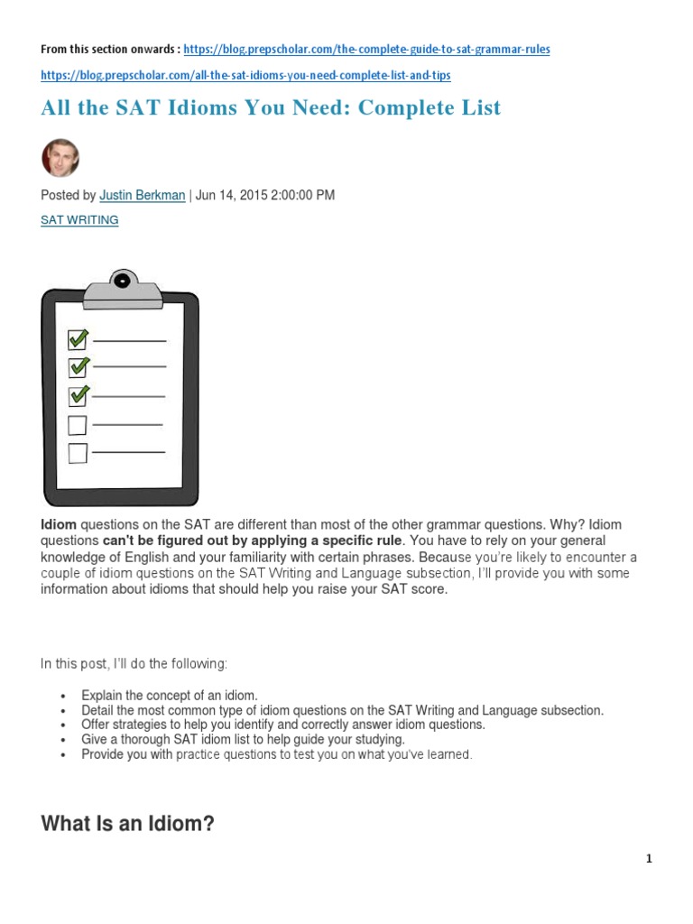 SAT Idioms: Key Concepts and Tips | PDF | Idiom | Preposition And ...