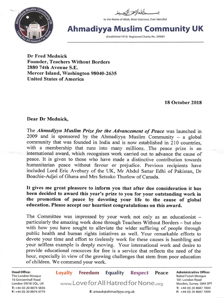 Ahmadiyya Muslim Prize Letter | PDF | Religion And Belief
