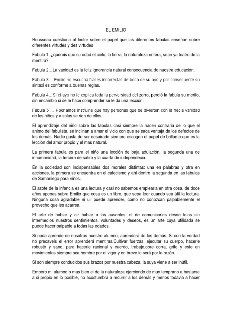 El Emilio Resumen | PDF | Emile, o sobre educación | Fábula