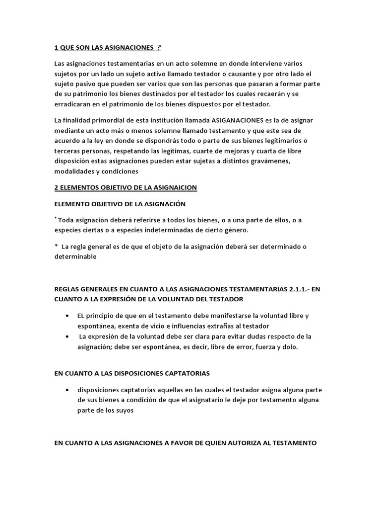 Definición y Clasificación de Asignaciones | PDF | Herencia | Voluntad ...