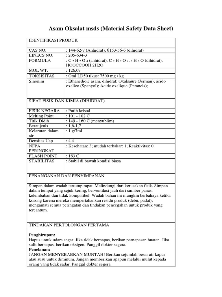 MSDS Asam Oksalat dan Sifat Kimianya | PDF | Memasak, Makanan, & Anggur ...