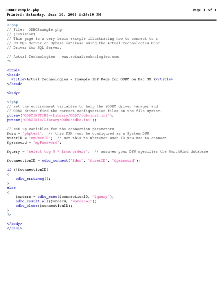 Actual Technologies - Example PHP Page For ODBC On Mac OS X | PDF ...