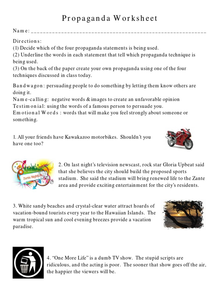 6th Grade Propaganda Techniques Worksheet | PDF | Propaganda | Mass Media