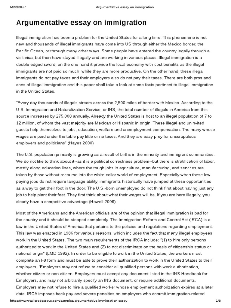 Sample Argumentative Essay | PDF | Illegal Immigration To The United ...