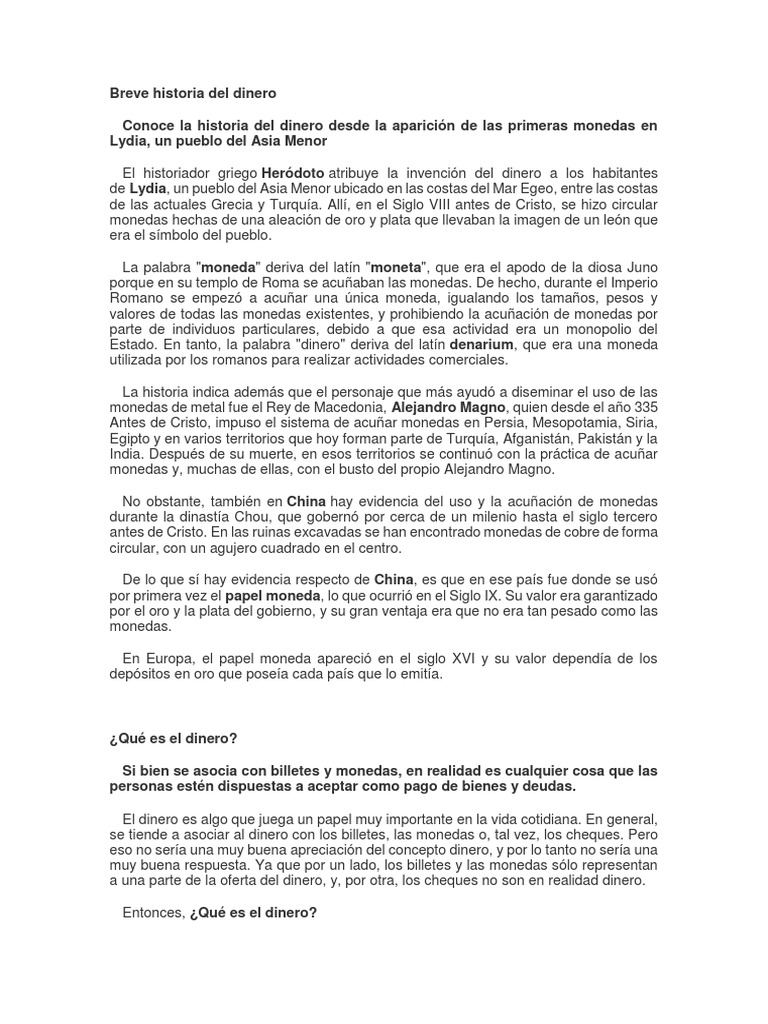 Breve Historia Del Dinero | Descargar gratis PDF | Monedas | Billete de ...
