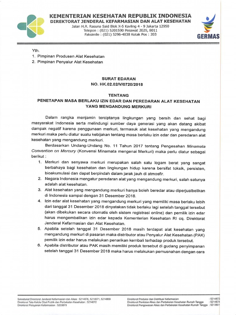 Edaran Masa Ijin Edar Alkes Yang Mengandung Merkuri - Kemkes PDF | PDF