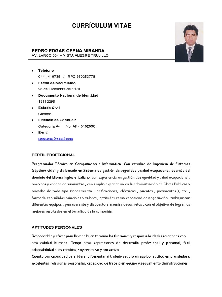 Currículum de Pedro Cerna Miranda | PDF | Crucero | Microsoft