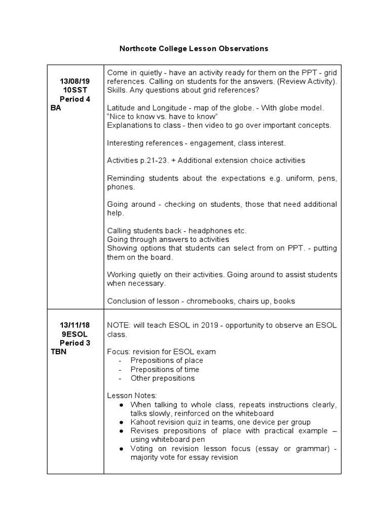 Lesson Observations | PDF | Language Arts & Discipline | Foreign Language Studies