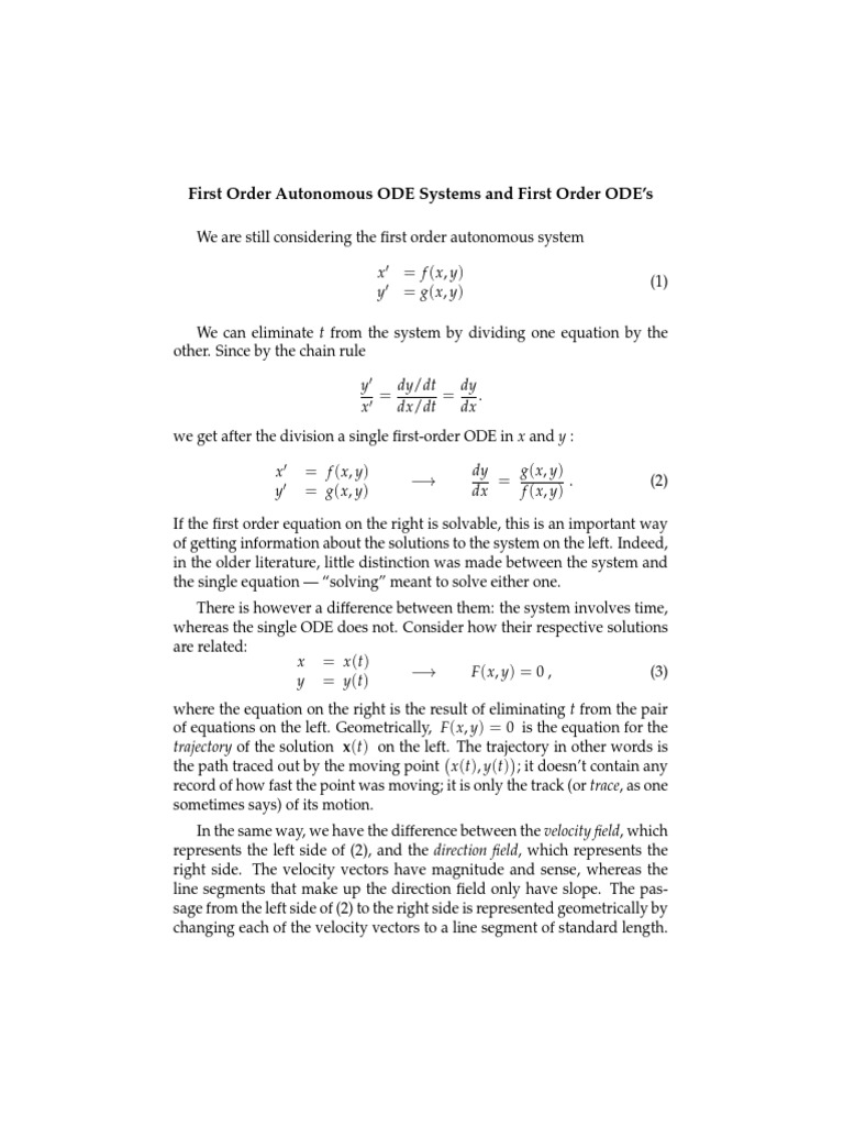 First Order Autonomous ODE Systems and First Order ODE's | PDF | Ordinary Differential Equation ...