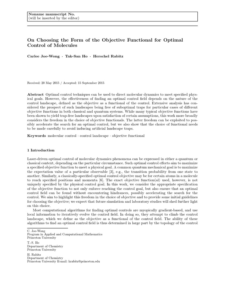 On Choosing The Form of The Objective Functional For Optimal Control of Molecules | PDF ...