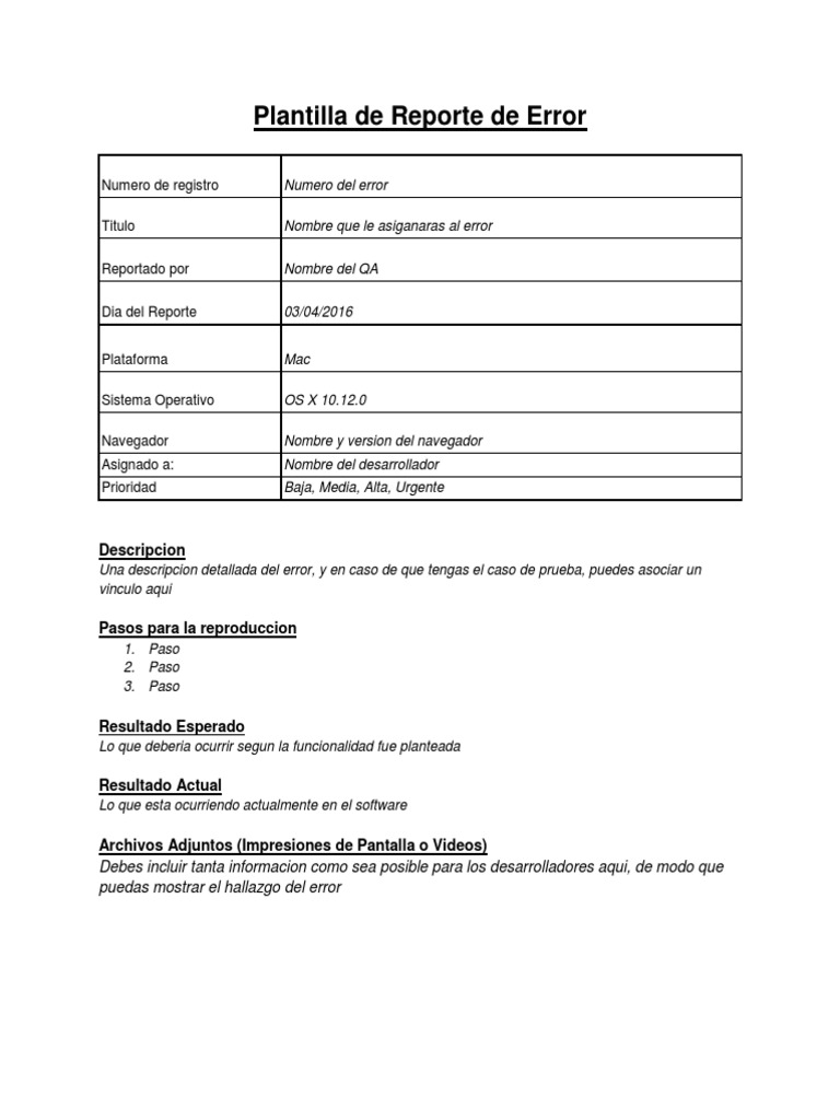 Plantilla de Reporte de Error | PDF | Negocios | Tecnología