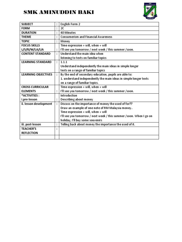 SMK Aminuddin Baki: Subject Form Duration Theme Topic Focus Skills L/S/R/W/La/Lia Content ...