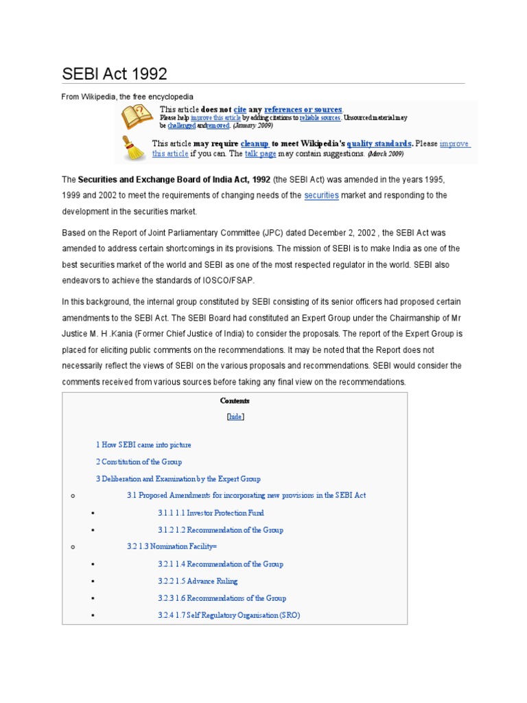 SEBI Act 1992 Guide | PDF | Common Law | Investor