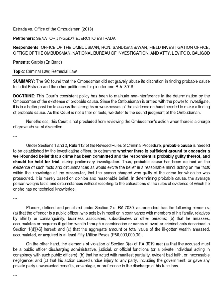 Estrada vs. Office of The Ombudsman Digest | PDF | Probable Cause | Evidence (Law)