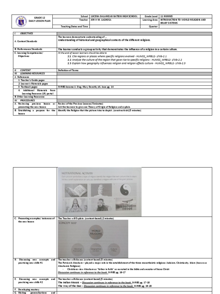 Grade 12 World Religions Lesson Plan | PDF | Learning | Lesson Plan
