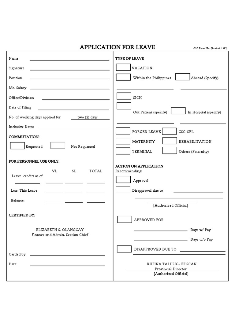 Application For Leave: CSC Form No. (Revised 1985) | PDF | Government ...