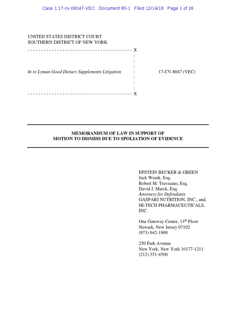 Motion To Dismiss in Lieu of Spoilation of Evidence | PDF | Negligence ...