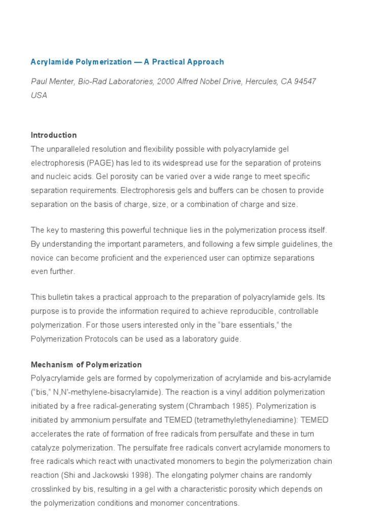 Acrylamide Polymerization Insights | PDF | Gel Electrophoresis ...