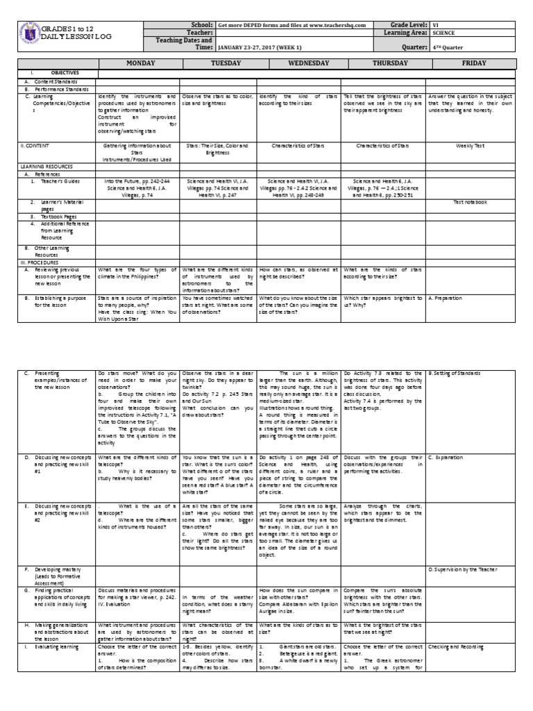 Grade 6 DLL Science 6 q4 Week 1 | PDF | Stars | Sun