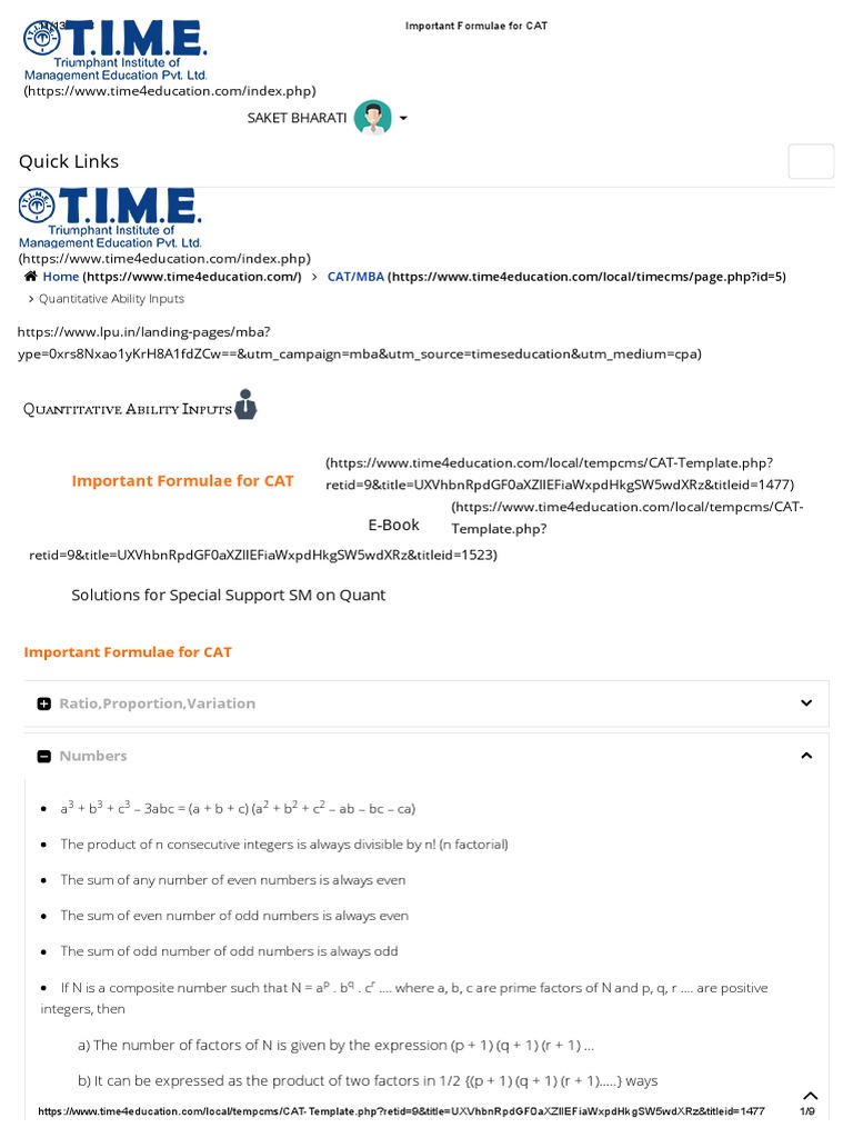 Quick Links: Important Formulae For CAT | PDF | Triangle | Area