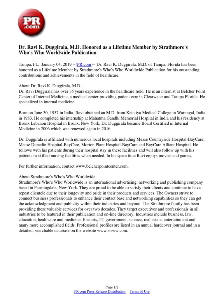 Dr. Ravi Duggirala Named Lifetime Member | PDF | Internal Medicine ...