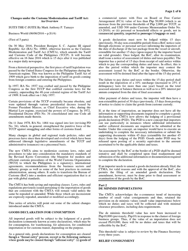 Changes Under The Customs Modernization and Tariff Act | PDF | Customs ...