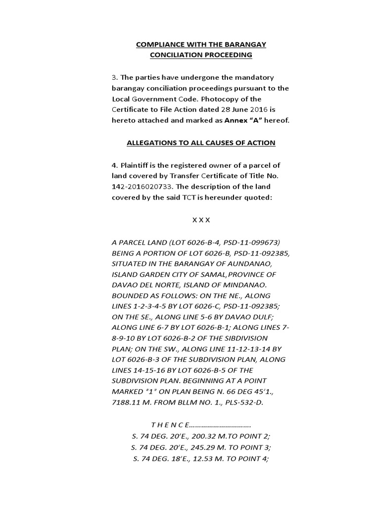 Compliance With The Barangay Conciliation Proceeding | PDF | Lawsuit | Complaint