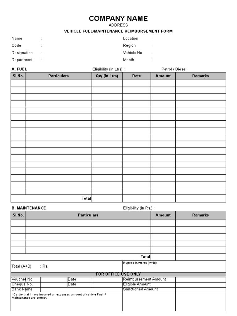 Company Name: Vehicle Fuel/Maintenance Reimbursement Form | PDF ...