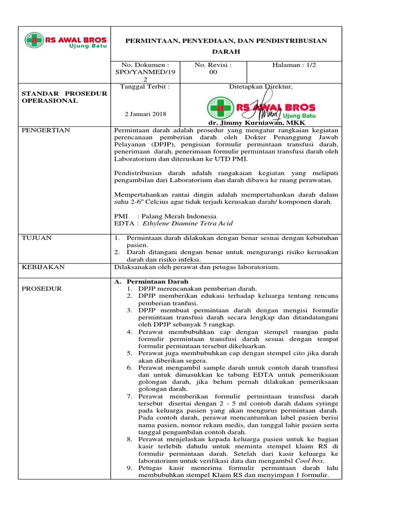 Sop Permintaan, Penyediaan, Dan Pendistribusian Darah Oke | PDF | Kesehatan Holistik | Sains ...