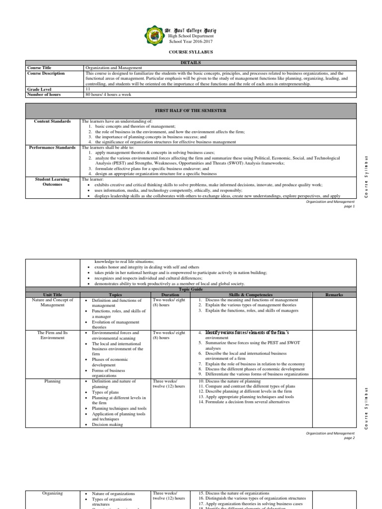 Organization and Management - Syllabus 2016-2017 | PDF | Leadership ...