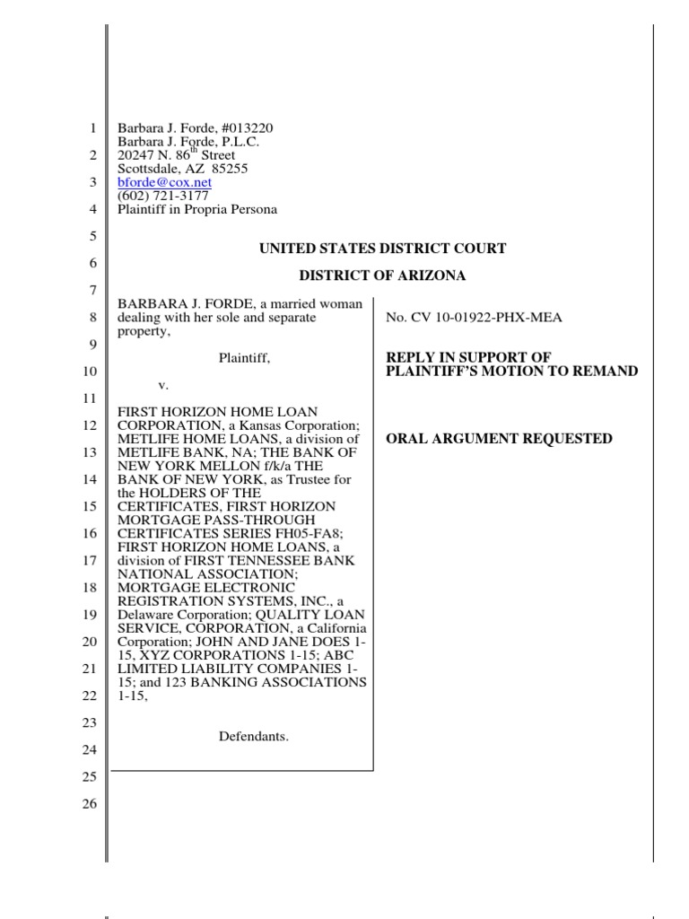 Plaintiff's Reply in Support of Motion to Remand | Foreclosure | Lawsuit