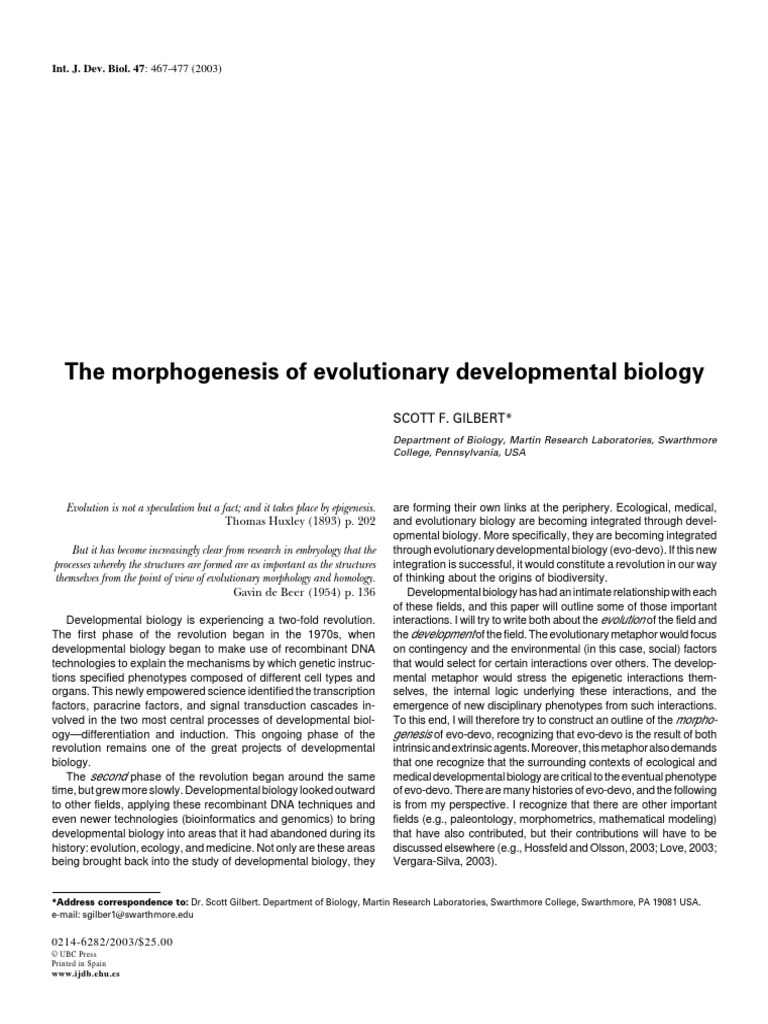 The Morphogenesis of Evolutionary Developmental Biology: Int. J. Dev. Biol. 47: 467-477 (2003 ...