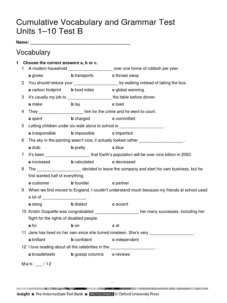 Cumulative Grammar and Vocabulary Test | PDF | Phrase | Adjective
