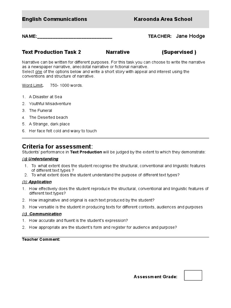 Student Narrative Writing Task | PDF