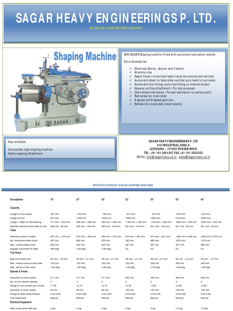 Sagar Shaping Machines Specs | PDF | Equipment | Machines