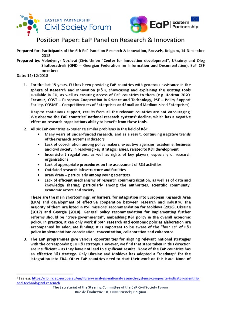 EaP CSF Position Paper R&I Panel | PDF | European Union | Innovation