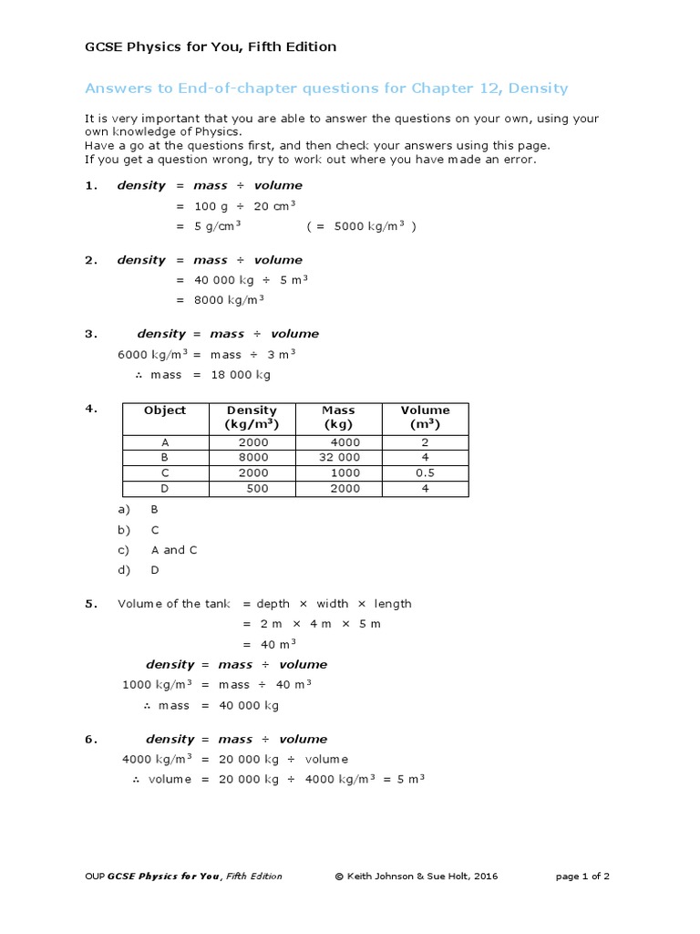 Answers To End-Of-Chapter Questions For Chapter 12, Density: GCSE ...