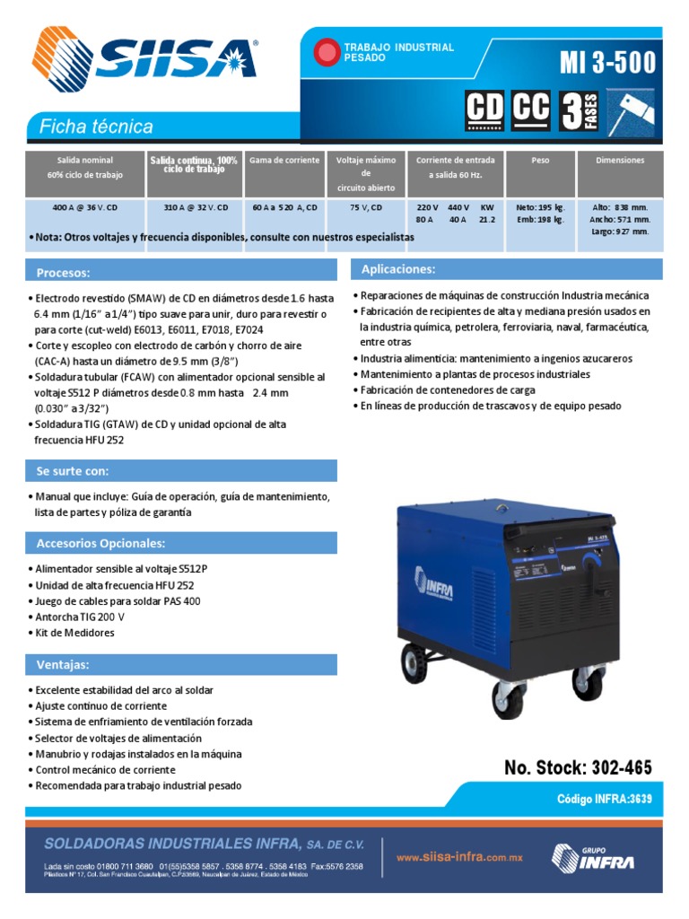 Soldadora Infra MI 250 L-CD Ficha Técnica | PDF | Soldadura | Construcción
