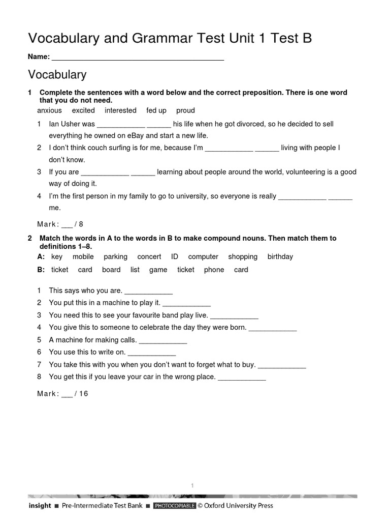 Vocabulary + Grammar Unit 1 Test B | PDF | Vocabulary | Word