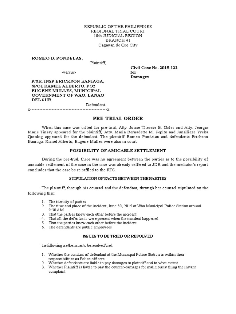 Pretrial Order-Civil Case | PDF | Lawsuit | Common Law