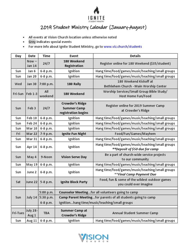 2019 Student Ministry Events Calendar | PDF