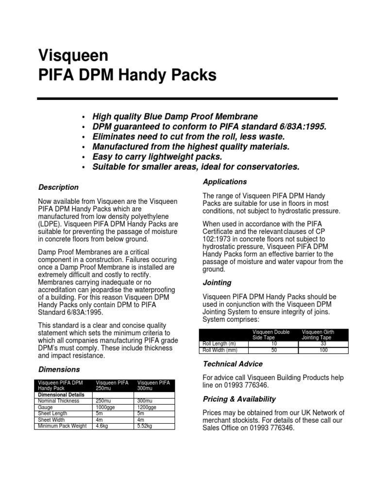 Visqueen PIFA DPM Handy Packs: Description Applications | PDF ...